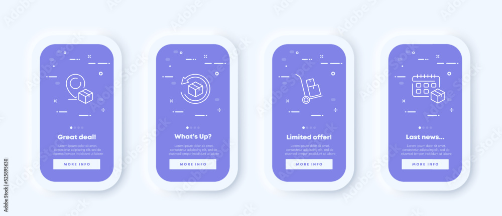 Delivery set icon. Address, map pointer, destination, box, package ...