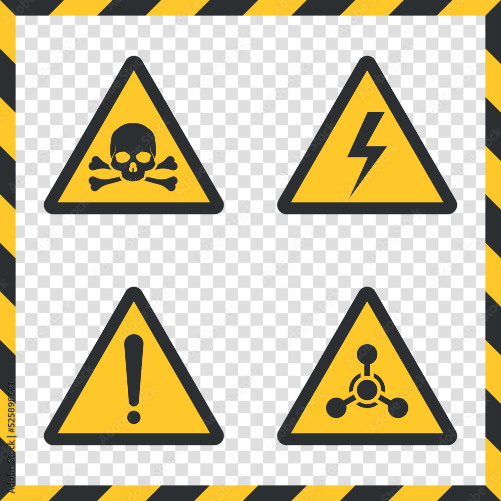 Set of hazard warning attention signs vector icon isolated on checkered ...