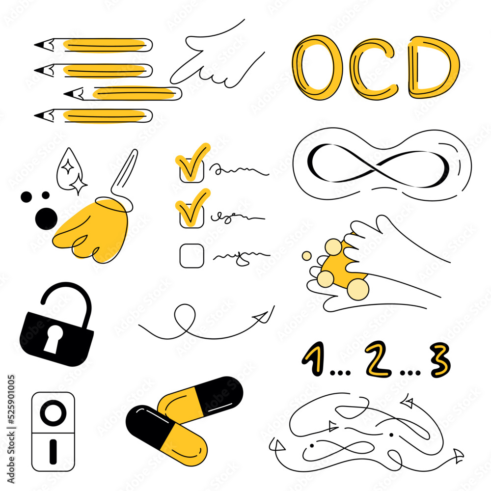 OCD set elements of symptoms, fear and intrusive thoughts. Vector ...