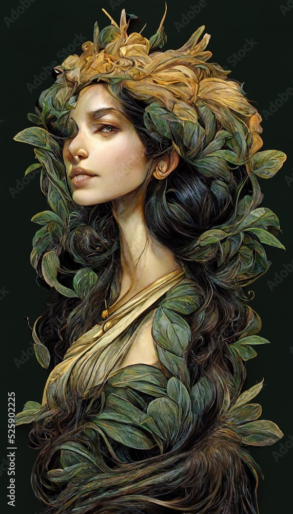 Beautiful seductive dryad. The pagan spirit of the forest. Portrait of ...