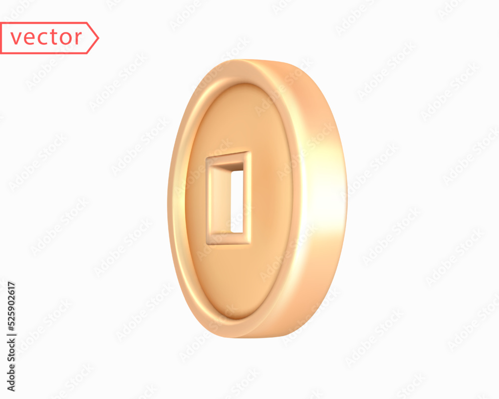 Ancient old gold coin of China with a square hole turned. Realistic 3D ...