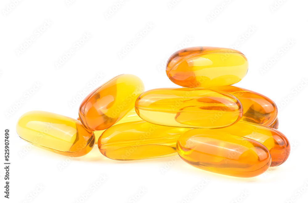 Fish oil capsules isolated on a white background. Cod liver oil omega 3 ...