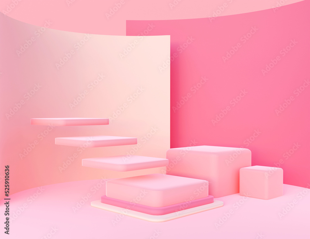 Pink array podiums with abstract wall objects. Stand to show products ...