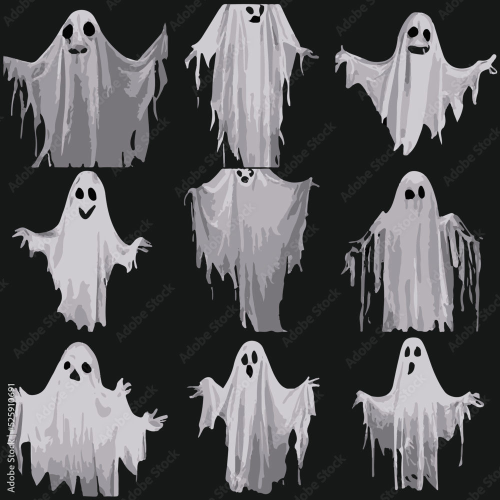 Set of spooky ghosts, spirits, scary halloween characters isolated on ...