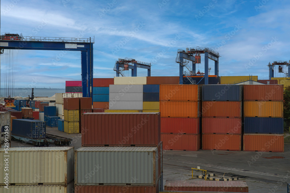 industrial port with containers. Stacks of containers in port at ...