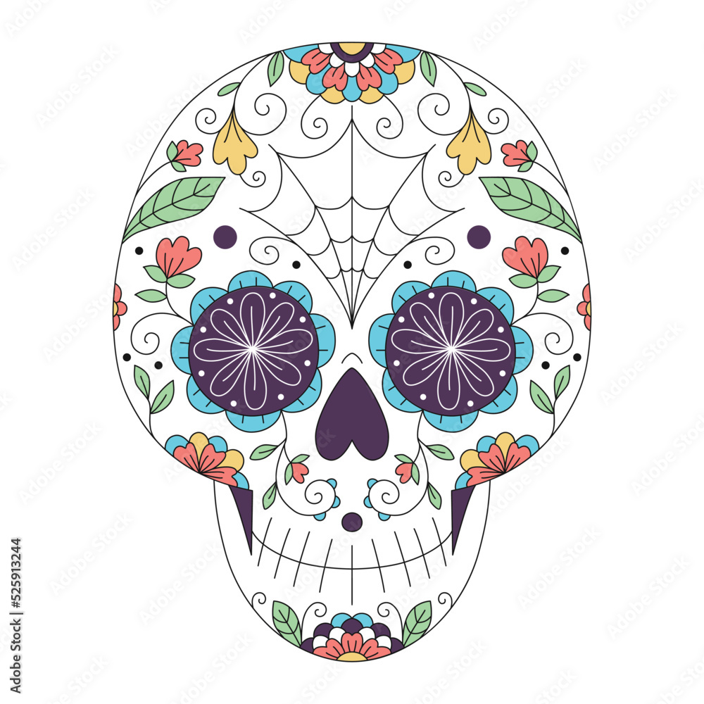 Vector illustration of Mexican skull with ornament and flowers. Sugar ...