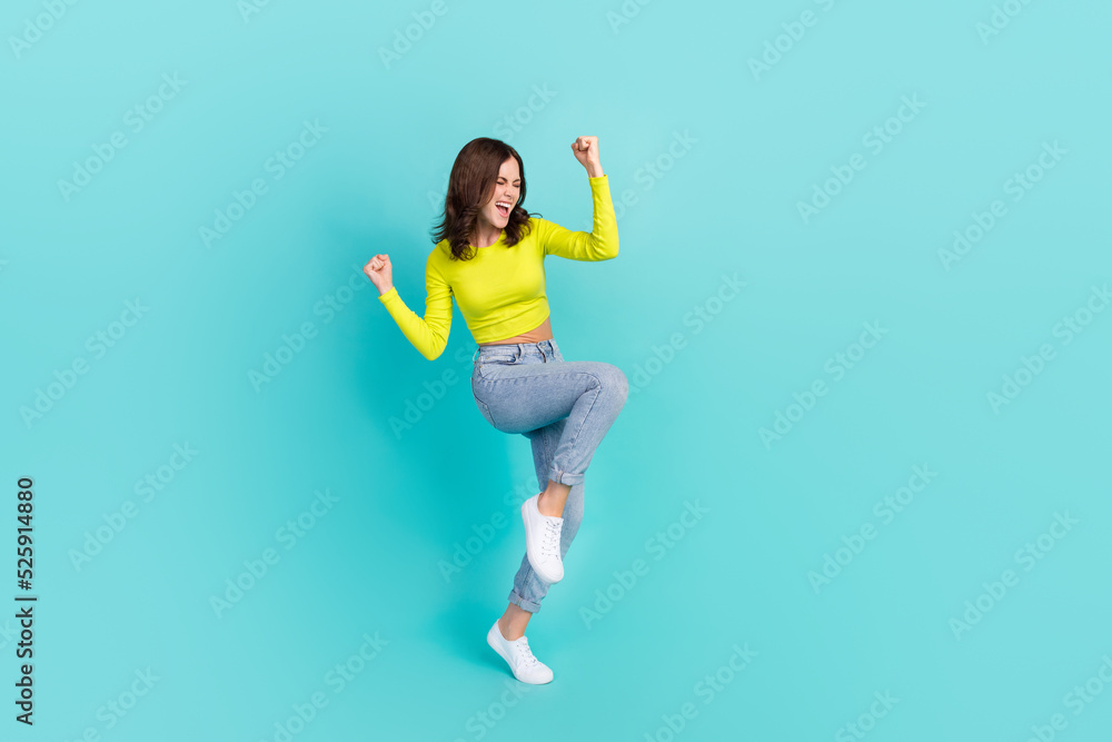 Full body length photo of young attractive nice woman celebrating hands ...