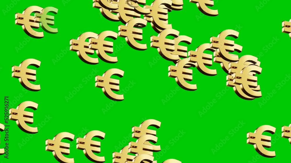 3d animation euro golden signs symbol on green screen, animated euro ...