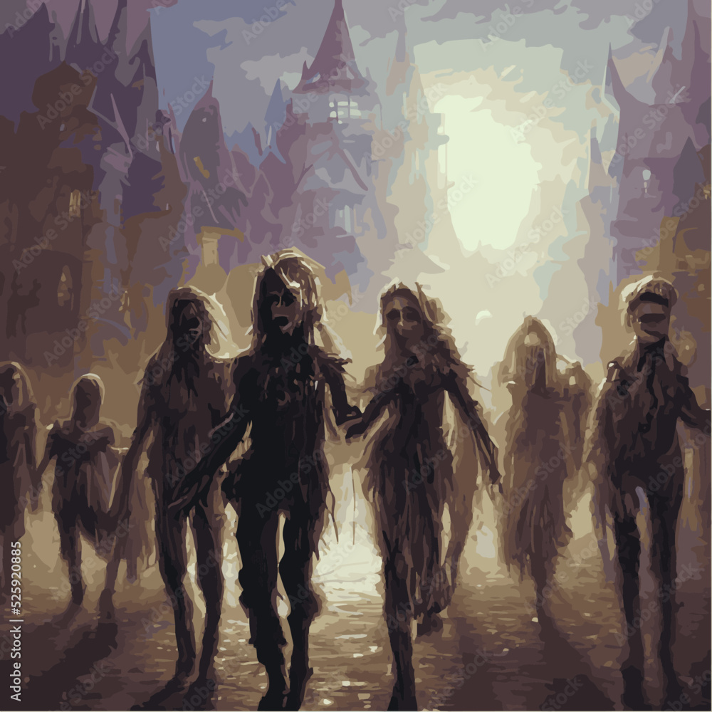 crowd hungry zombies forest. Silhouettes scary zombies walking at night ...