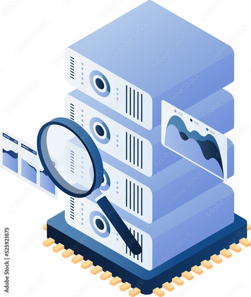 3d Isometric Magnifying Glass Scanning Database Server on Computer Chip. Big Data Analytics ...