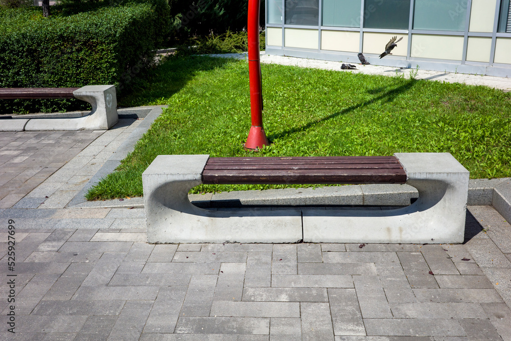 seating for relaxing in a landscaped park, concrete forms of slabs for ...