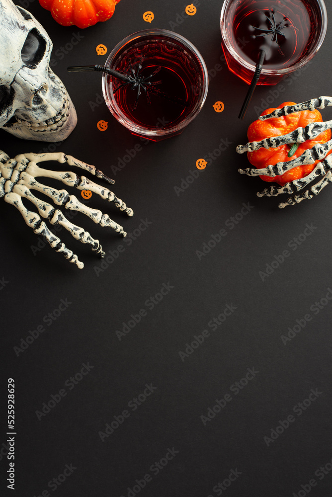 Halloween concept. Top view vertical photo of blood punch in glasses ...