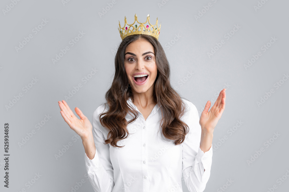 Amazing overjoyed woman queen wear golden crown, isolated gray ...