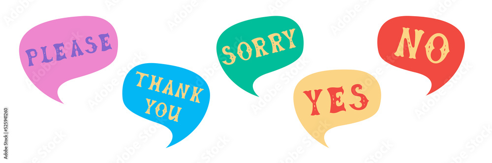 Words please, thank you, sorry, yes, no. Сomics speech bubble set with ...