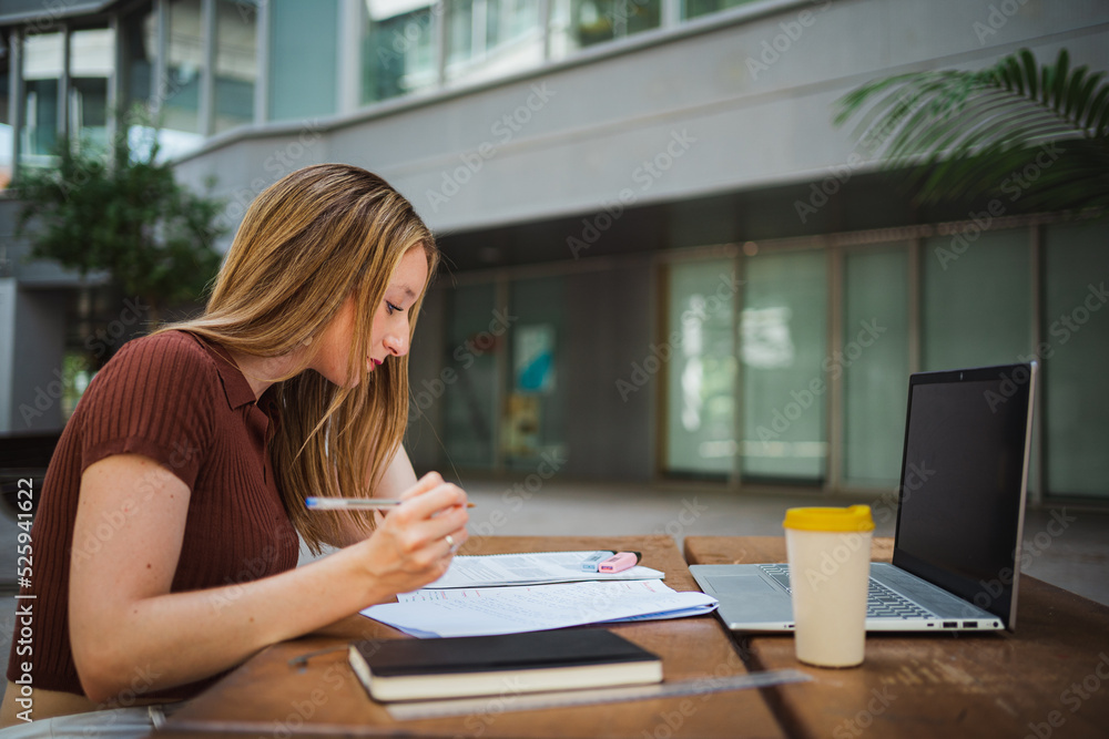 Student girl reviewing her notes for the exam. She seems focus and she ...