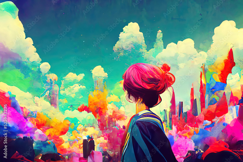 Girl overlooking a Beautiful Fantasy Anime City Skyline Stock ...