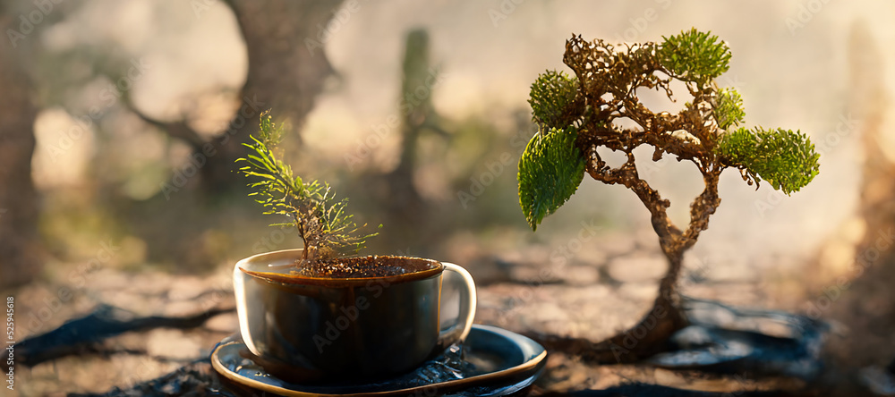 simple graphic illustration of a tree growing from a cup of cofee ...