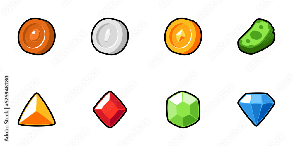 Isolated flat money collection icons for game, interface, sticker, app ...