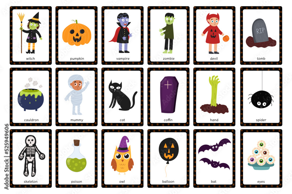 Halloween flashcards set with cute characters. Big collection with ...