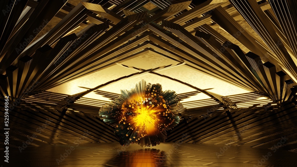 Sci-fi golden hall with abstract reactor. Modern digital simulation ...