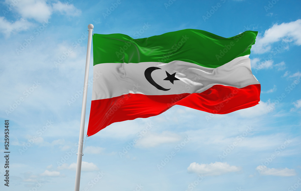 flag of Arab peoples Mehri people at cloudy sky background, panoramic ...