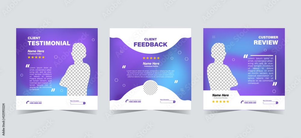 Set of customer testimonials social media template. Blue purple ...