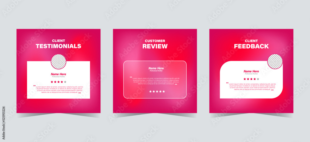 Set of customer testimonials social media template. Red pink gradient ...