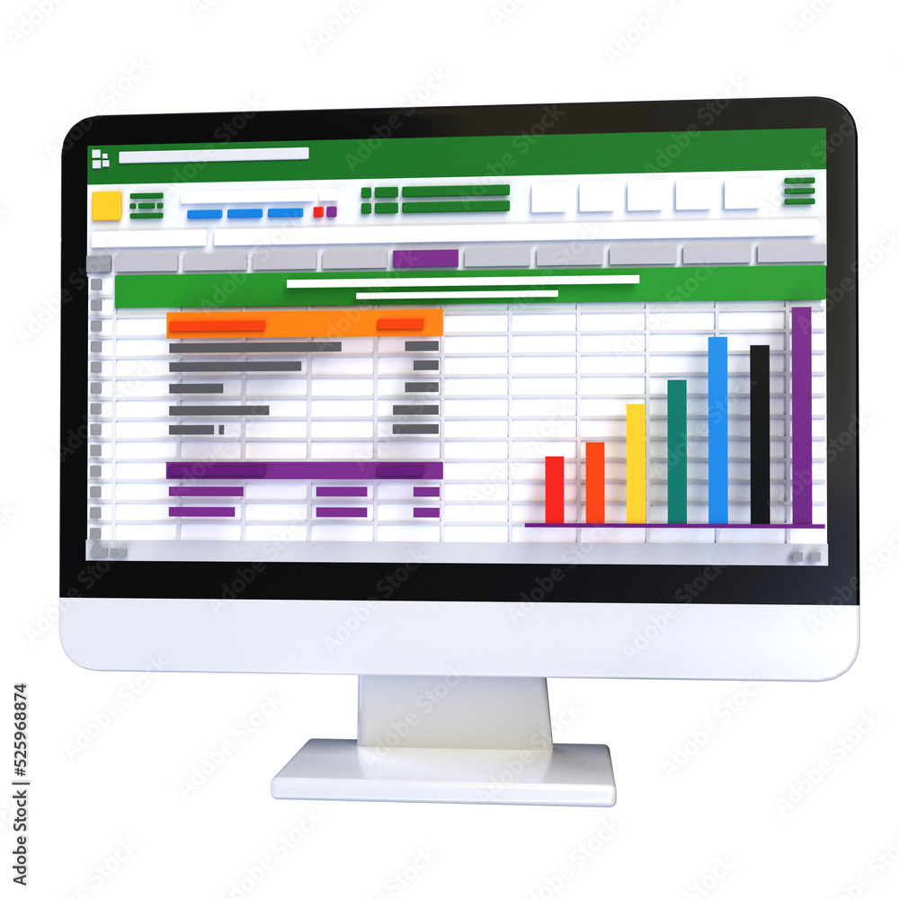 Spreadsheet on Computer screen 3d render icon. Financial accounting ...