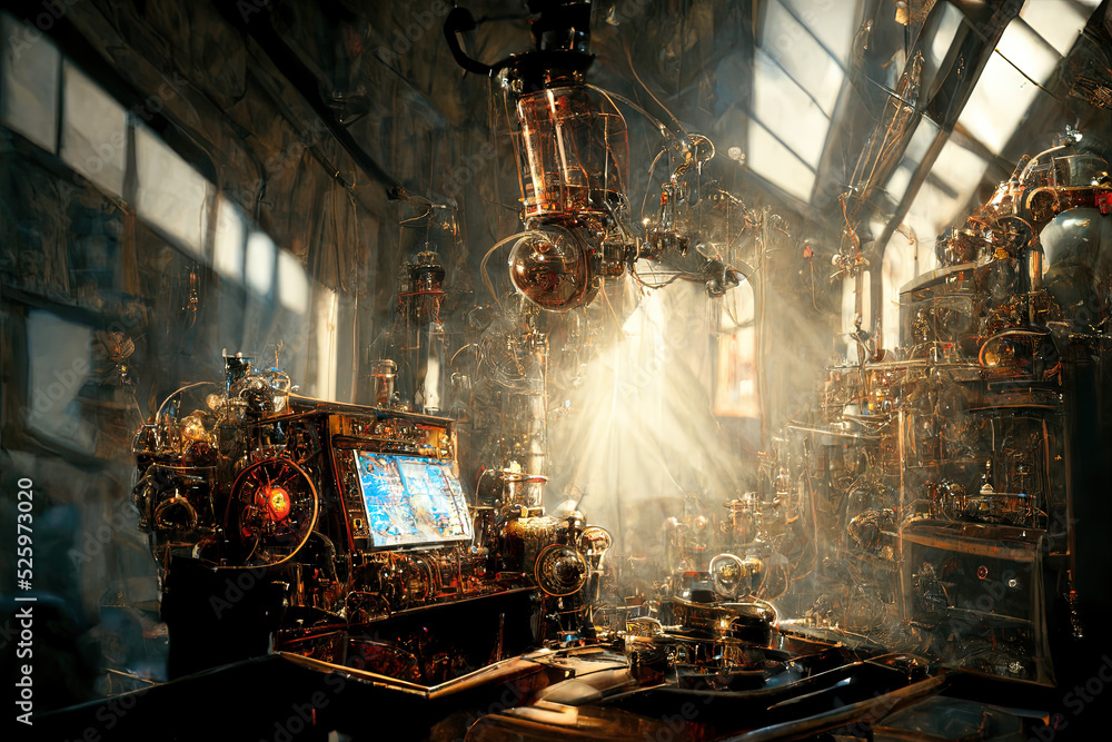 Steampunk Computer Factory. Fantasy Backdrop. Concept Art. Realistic ...