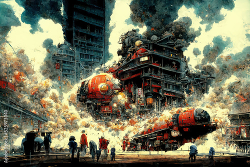 Fototapeta City War in Steampunk Cyberpunk Style. Fantasy Backdrop ...
