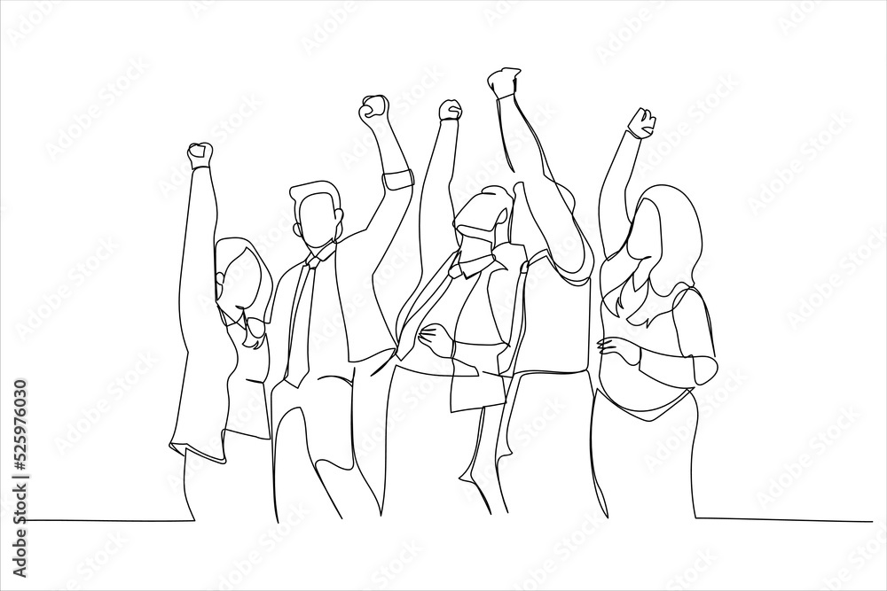 Drawing of diverse group huddle and high five hands together in office ...
