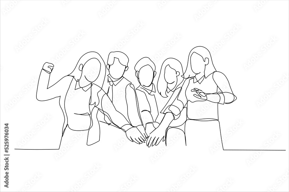 Cartoon of group of Diverse People Hands Together. Single continuous ...