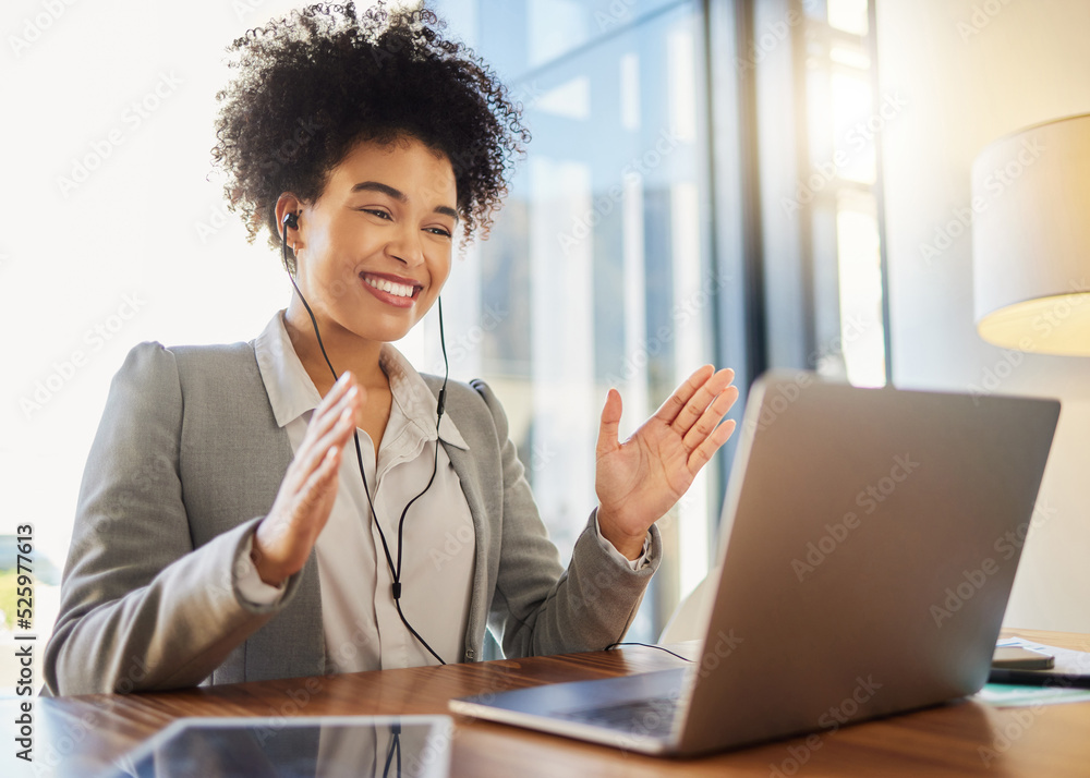 Webinar meeting, video call with business woman on laptop doing digital ...
