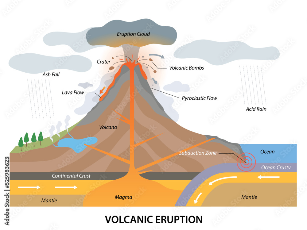 Volcanic eruption process structure with geological side view Stock ...