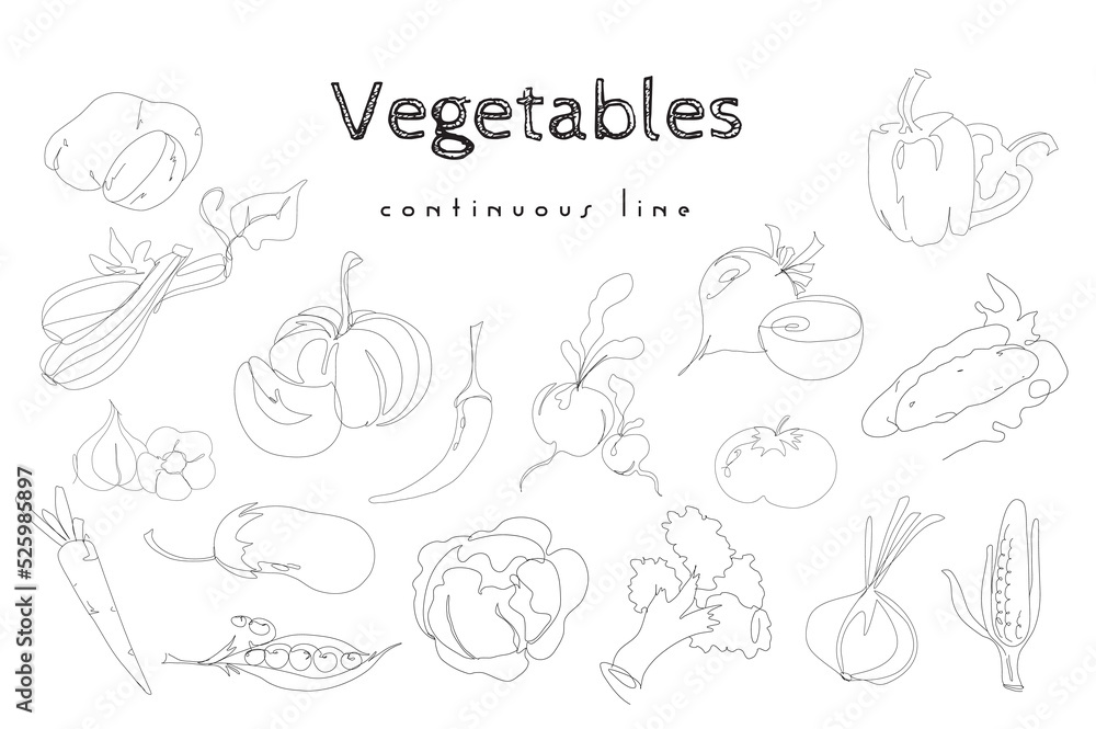 Set of hand drawn vegetables in continuous line style. Potatoes ...