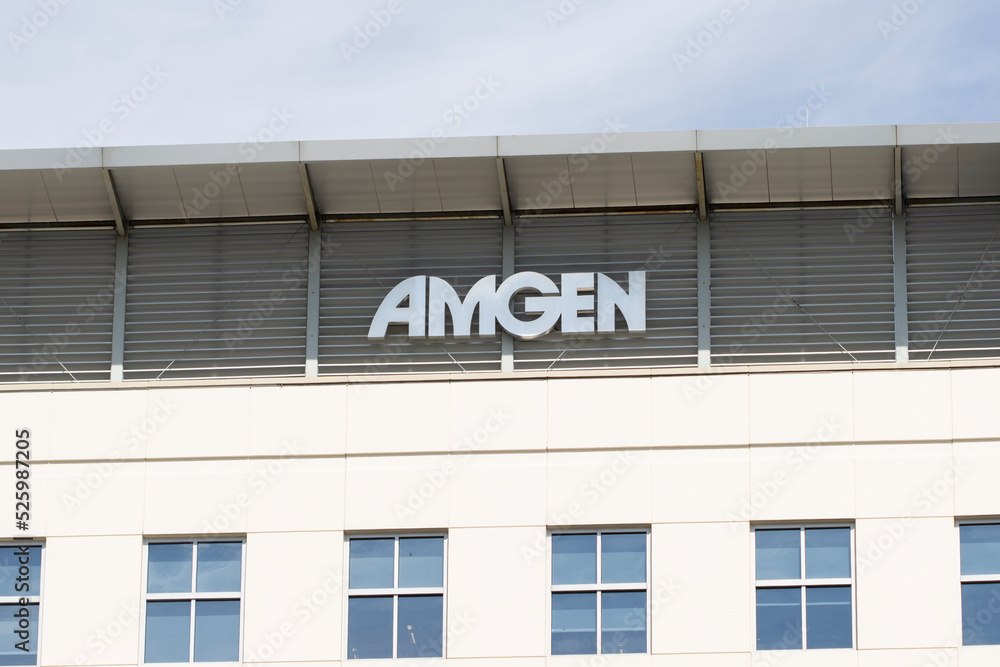 Cambridge, MA, USA - June 28, 2022: Amgen logo is seen at its office in ...