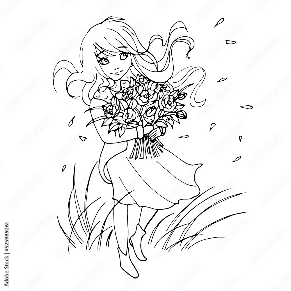 vector coloring page with cute cartoon anime girl Stock Vector | Adobe ...