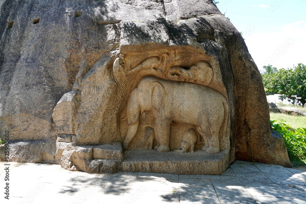 Bas relief rock cut sculpture representing a group of elephants, monkey ...