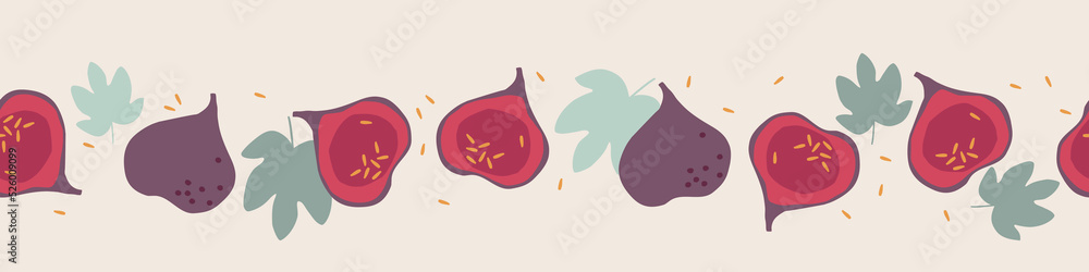 Seamless figs border. Horizontal seamless pattern. Fruits with leaf ...