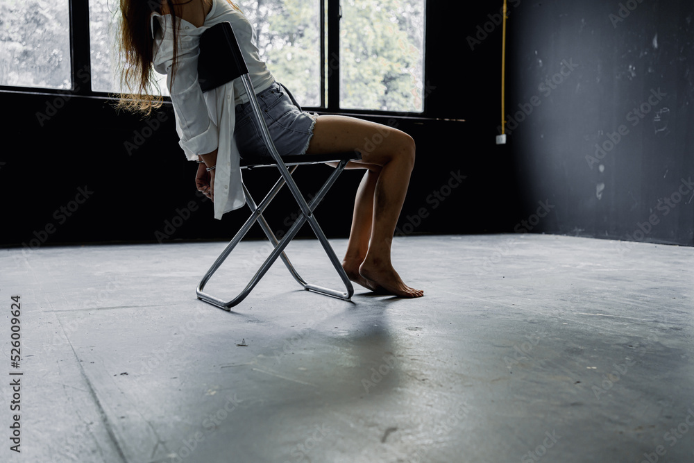 Hostage woman modle was captured by the villain. Criminal and villain concept. Stock Photo ...