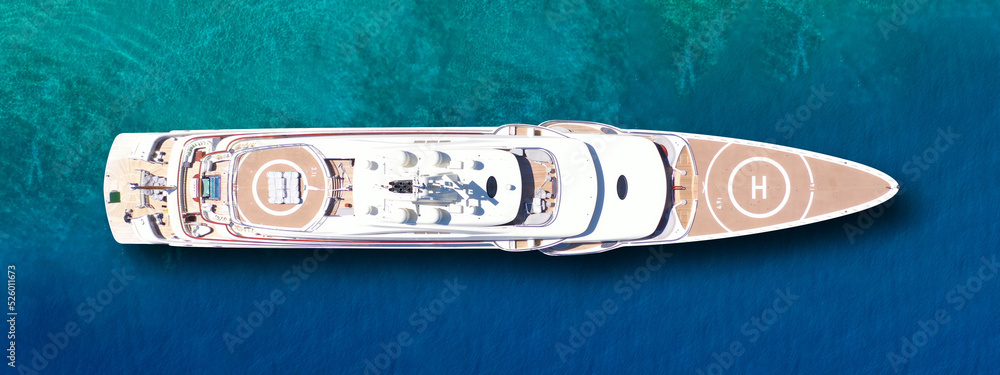 Aerial drone ultra wide panoramic top view photo of large luxury yacht ...