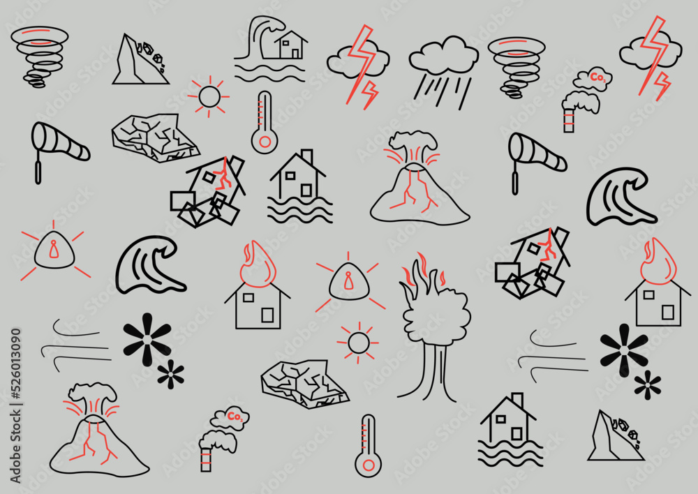 hand drawn outline natural disaster doodle icon .climate change ...