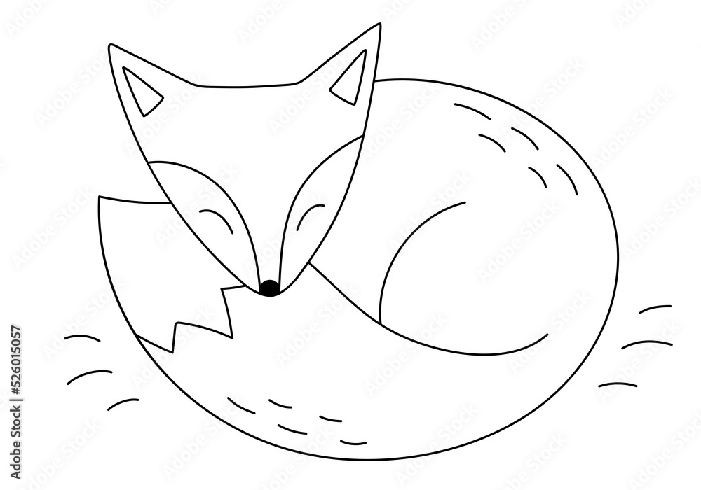 A Cute Fox. Simple Outline Vector Drawing of Lying Sleeping Little Fox ...