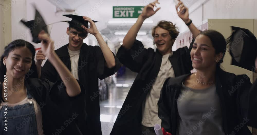 Graduation, students and high school high five and success with ...