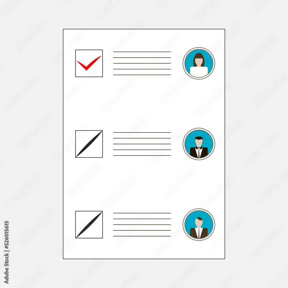 Form with candidates avatars. Ballot sheet for voting voters. Red tick ...