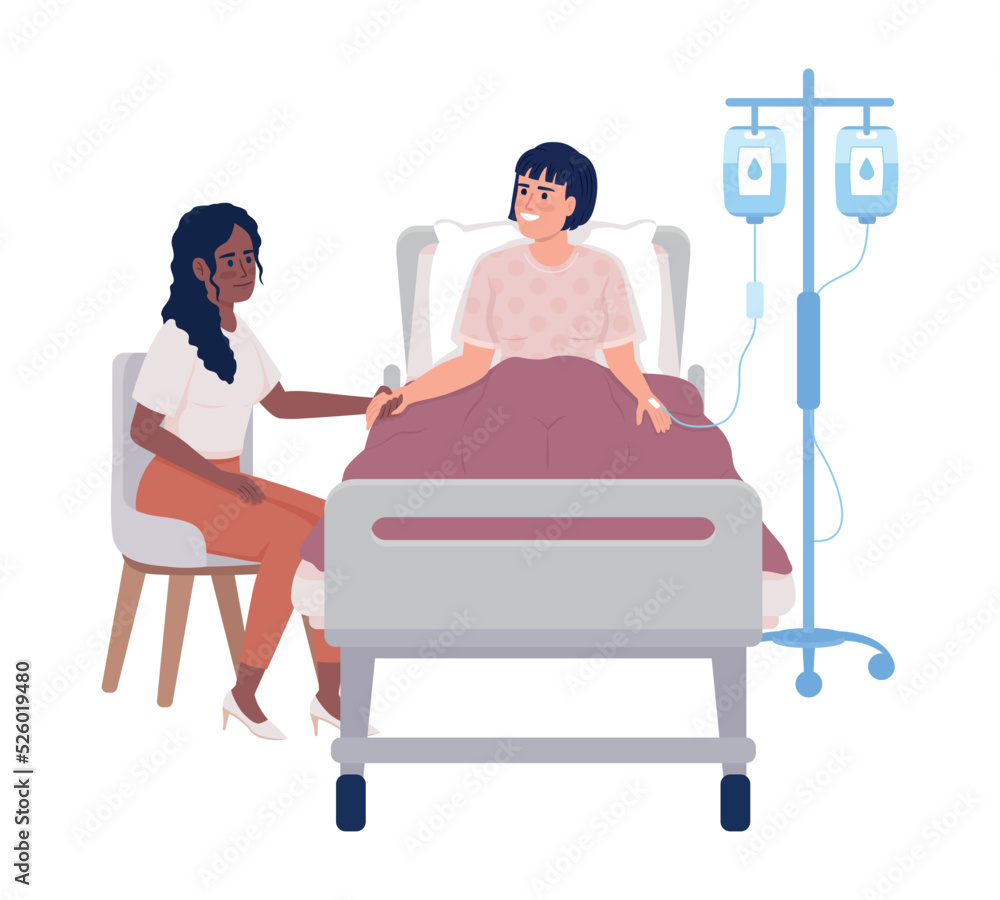 Woman visiting ill friend at hospital semi flat color vector characters ...