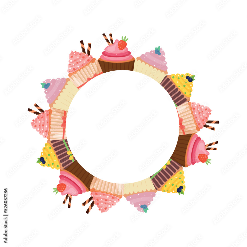 Sweet round frame with cupcakes isolated on white background. Flat ...