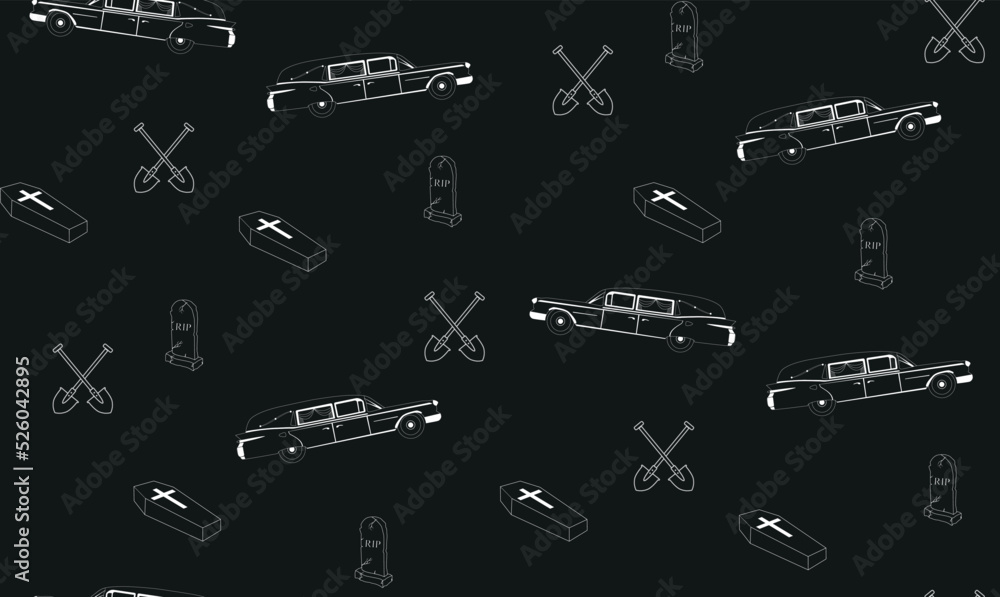 Seamless monochrome gloomy pattern of hearses and tombstones Stock ...