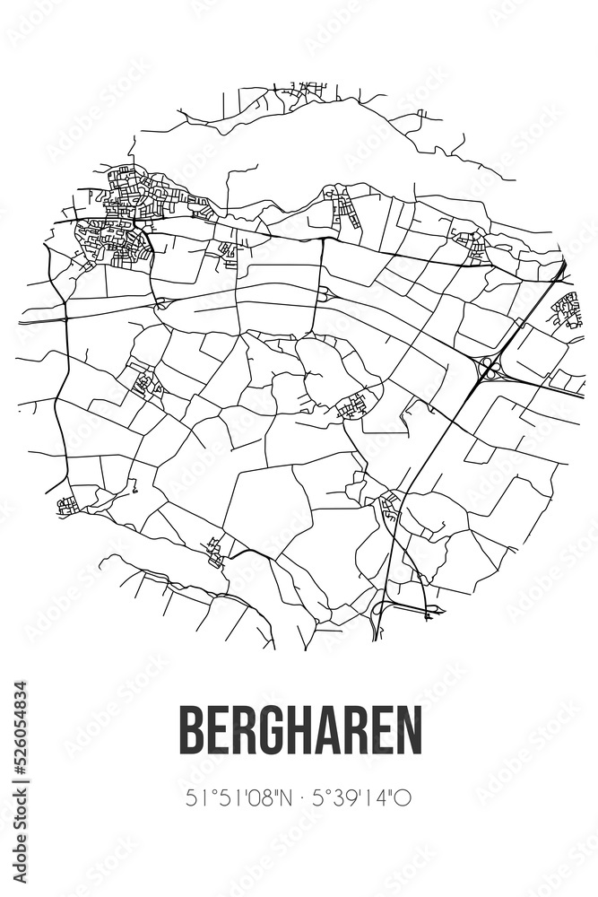 Abstract street map of Bergharen located in Gelderland municipality of ...