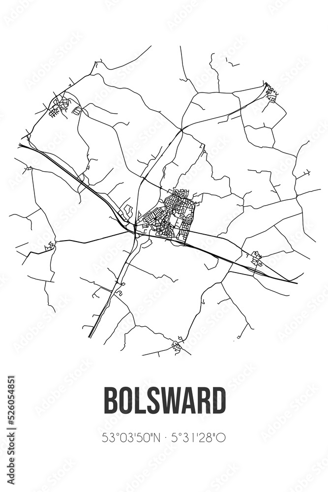 Abstract street map of Bolsward located in Fryslan municipality of Sudwest-Fryslan. City map ...